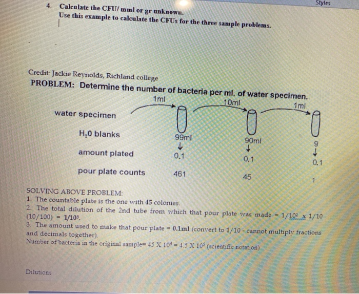 Solved 4. Styles Calculate the CFU/mml or gr unknown. Use | Chegg.com