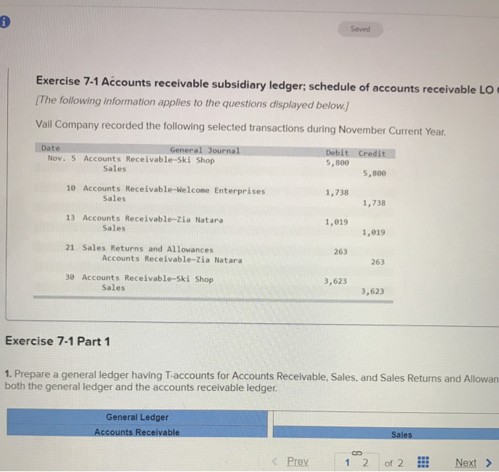 Solved Saved Exercise 7-1 Accounts receivable subsidiary | Chegg.com