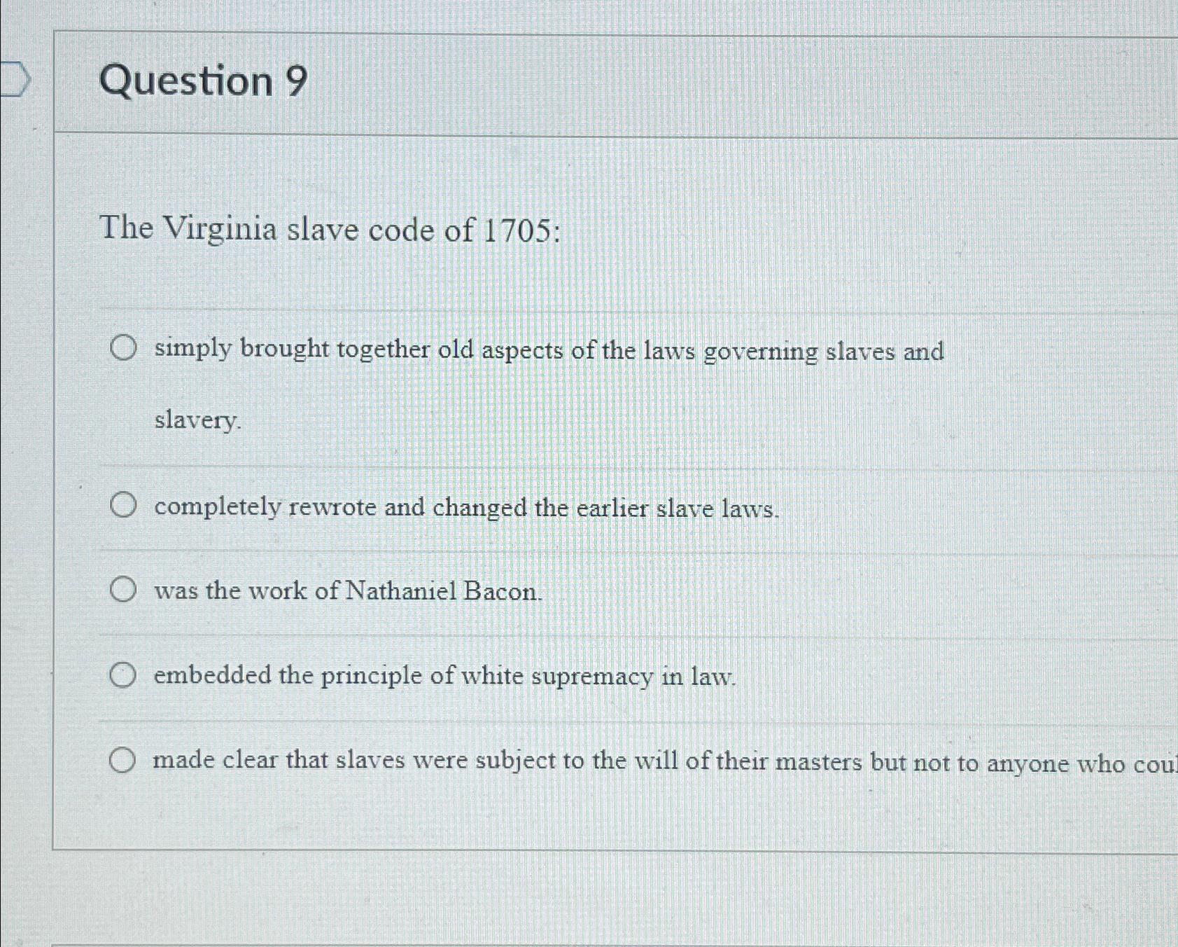 Solved Question 9The Virginia slave code of 1705:simply | Chegg.com