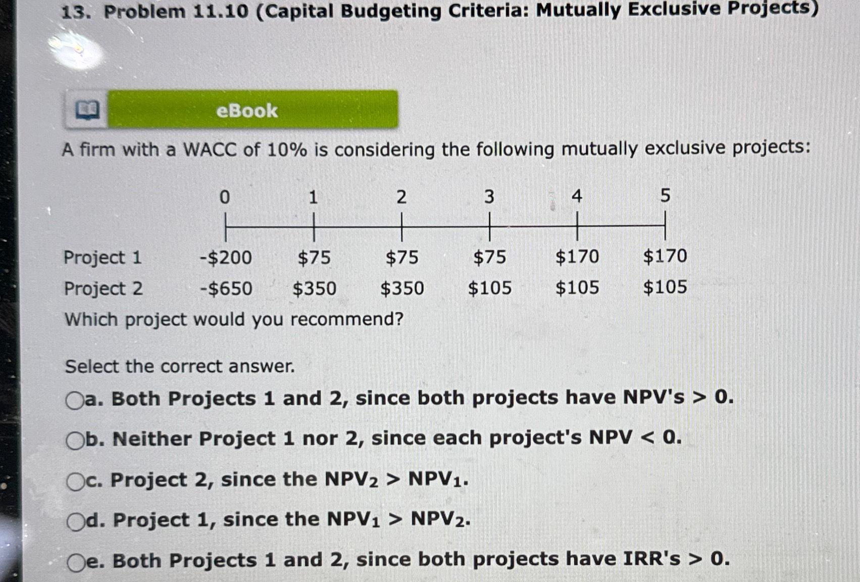 Solved Problem 11.10 (Capital Budgeting Criteria: Mutually | Chegg.com
