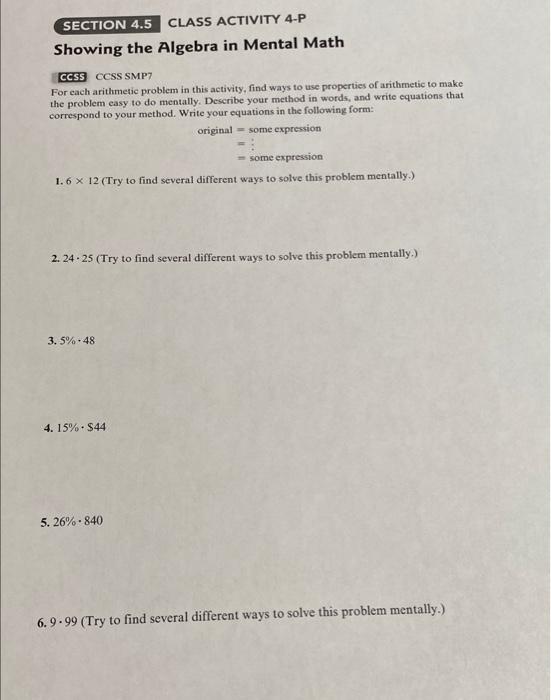 Solved Showing the Algebra in Mental Math CCS5 CCSS SMP7 For | Chegg.com