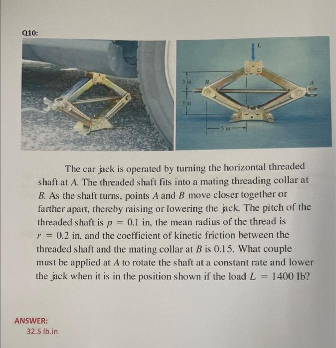 Solved Q10: The car jack is operated by turning the | Chegg.com