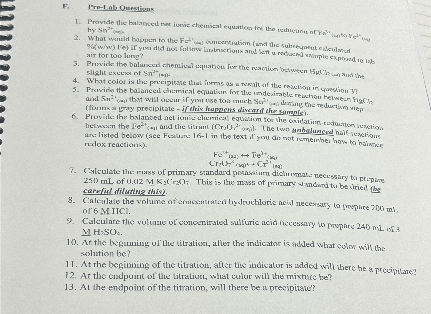 Solved F. ﻿Pre-Lab QuestionsProvide the balanced net ionic | Chegg.com