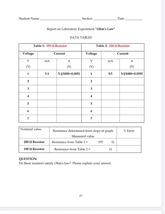 Solved Student Name Section Report on Laboratory Experiment | Chegg.com