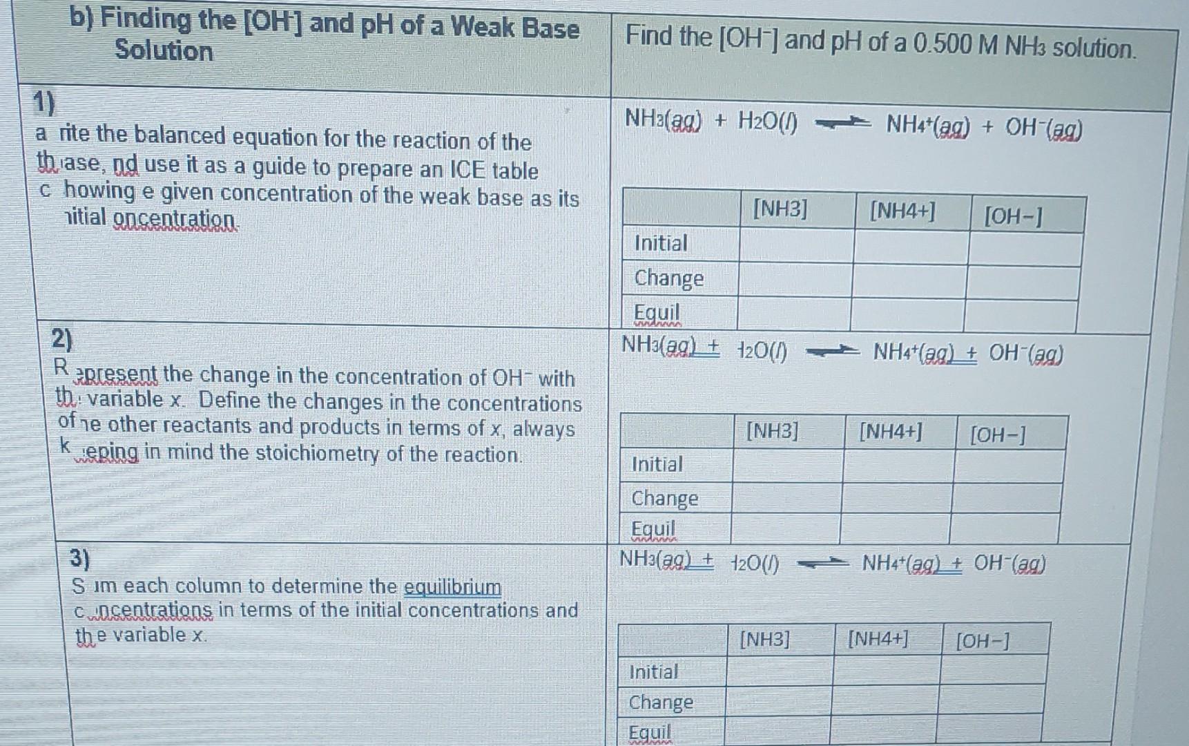 Solved b) Finding the [OH] and pH of a Weak Base Solution | Chegg.com