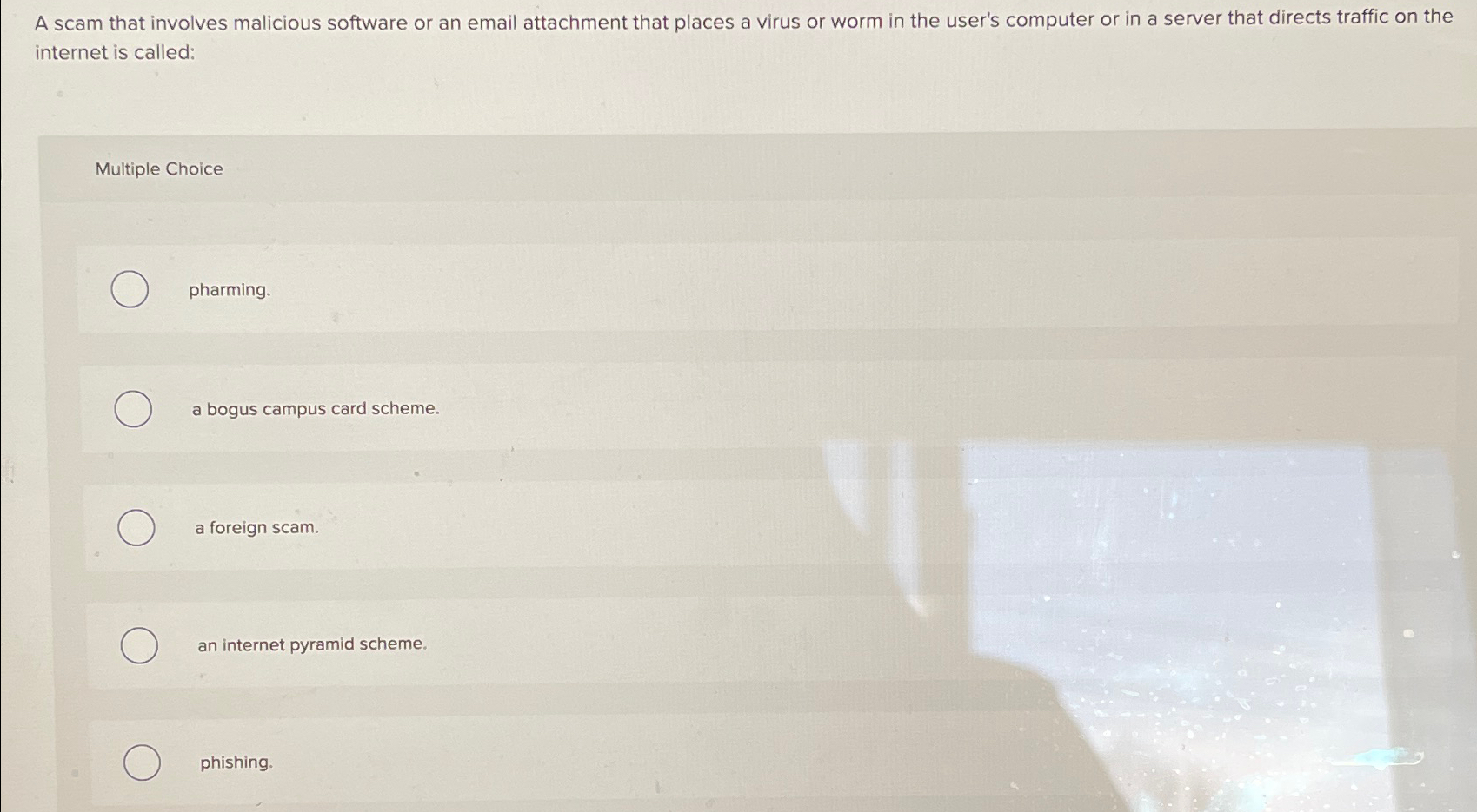 Solved A scam that involves malicious software or an email | Chegg.com
