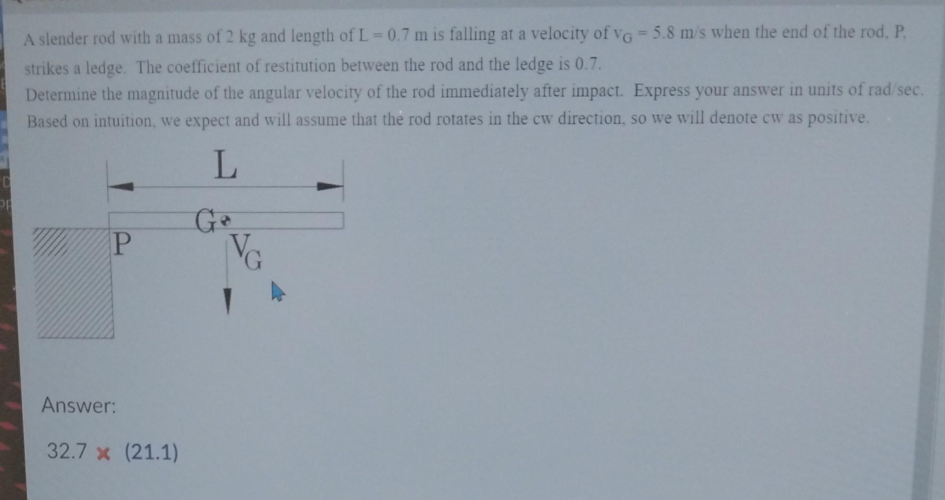 A slender rod with a mass of 2 kg and length of L=0.7 | Chegg.com
