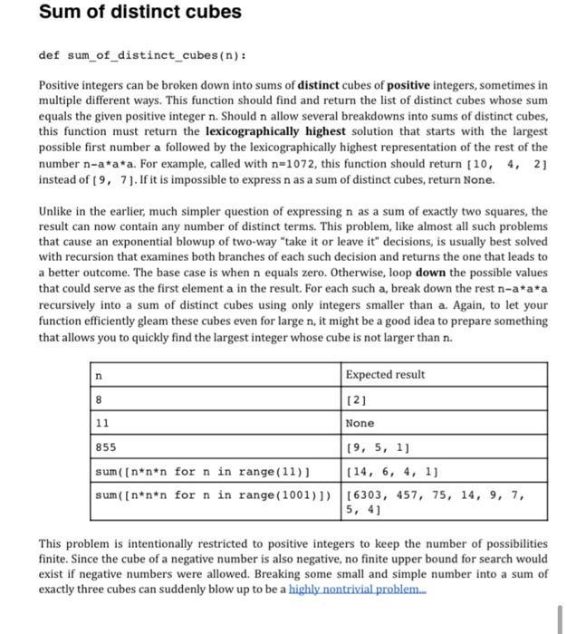 Solved Sum of distinct cubes def sum_of_distinct_cubes(n): | Chegg.com Solved Sum of distinct cubes def sum_of_distinct_cubes(n): | Chegg.com