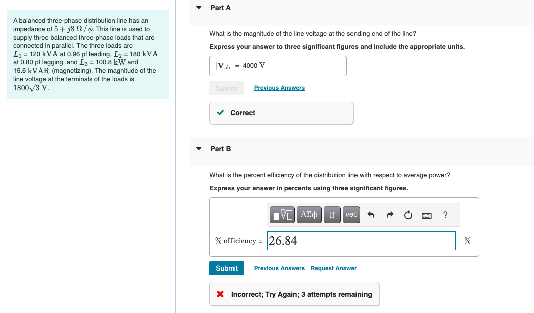 Solved Part AA balanced three-phase distribution line has | Chegg.com