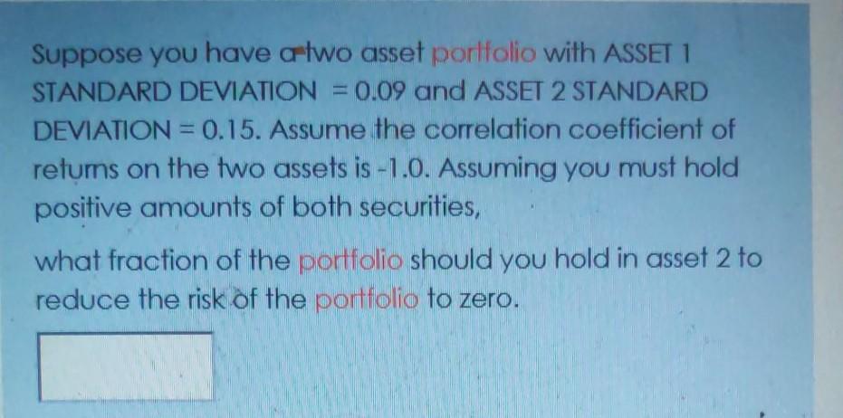 Solved Suppose you have a two asset portfolio with ASSET 1 | Chegg.com