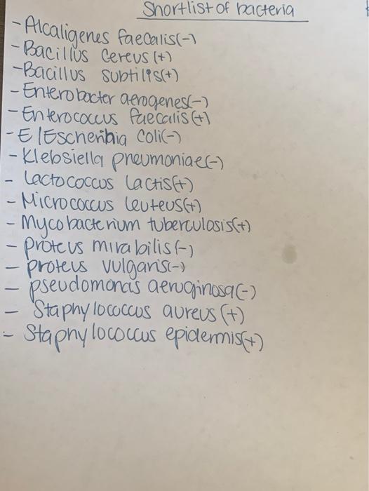 Solved Shortlist of bacteria |-Alcaligenes faecalist- - | Chegg.com