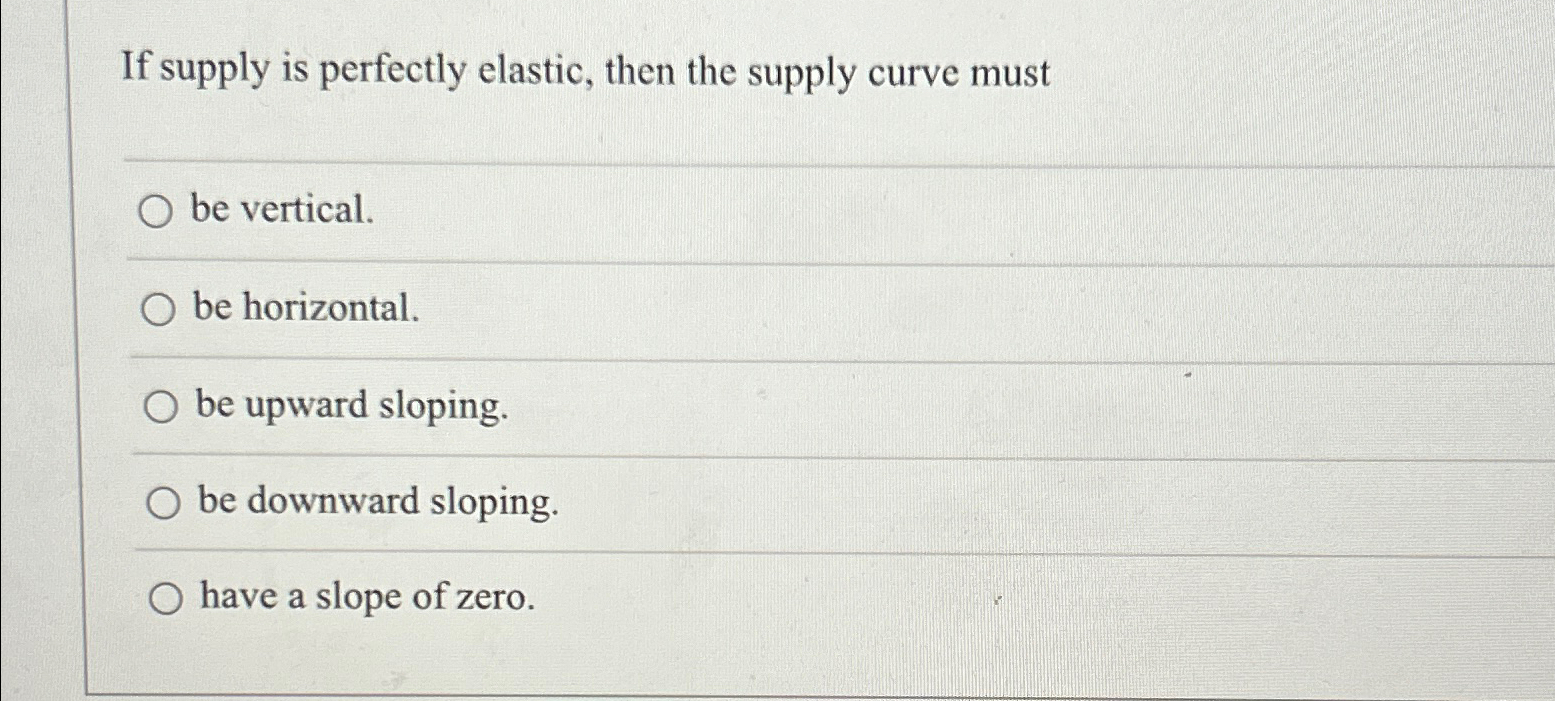Solved If supply is perfectly elastic, then the supply curve | Chegg.com