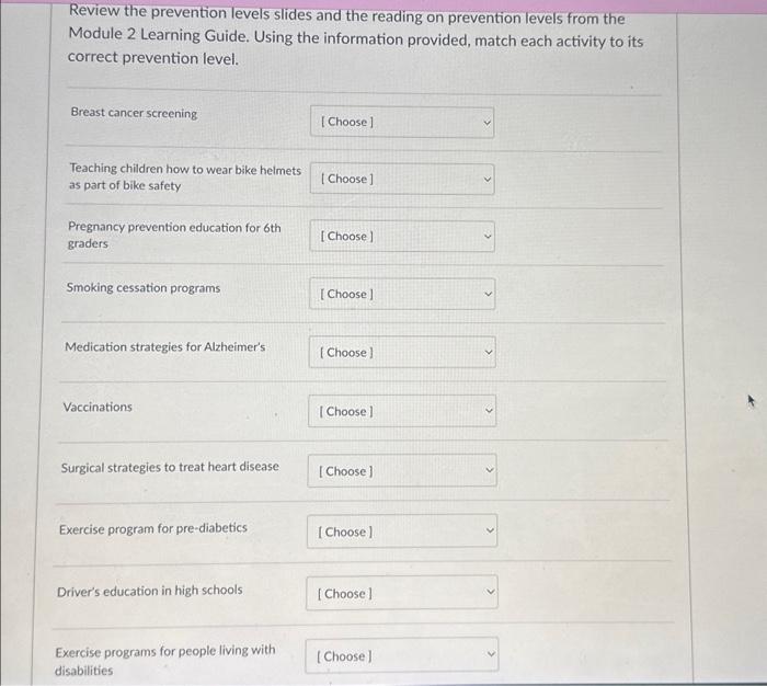 Solved Review the prevention levels slides and the reading | Chegg.com