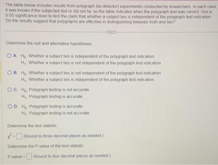 Solved The table below includes results from polygraph (lie | Chegg.com