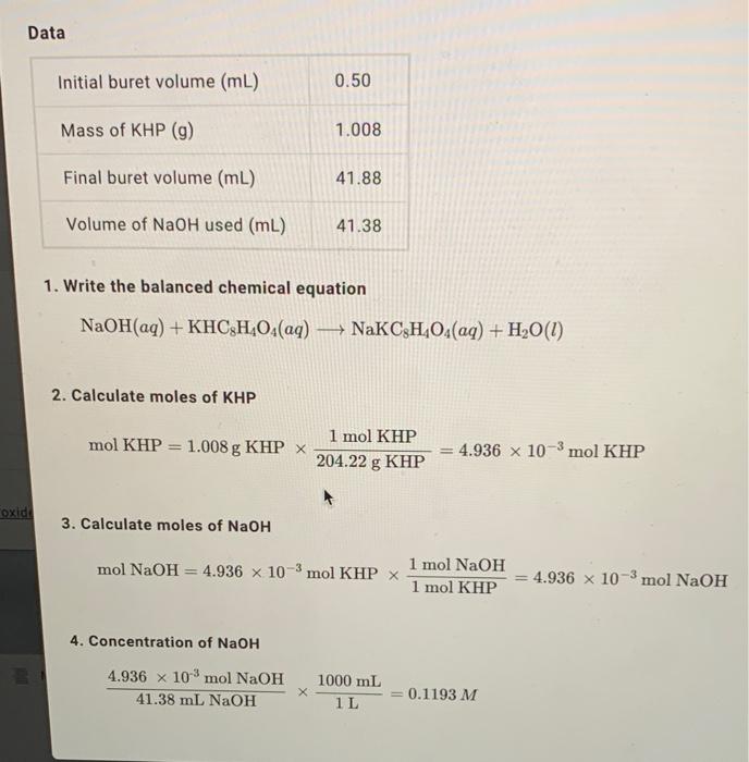 Solved -X Lab Data Initial volume of buret (mL) 1.78 Mass of | Chegg.com