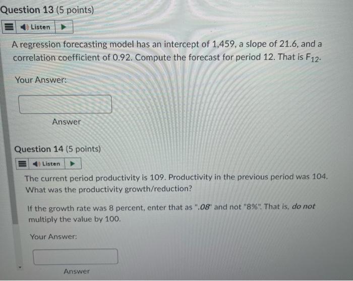 Solved A regression forecasting model has an intercept of | Chegg.com