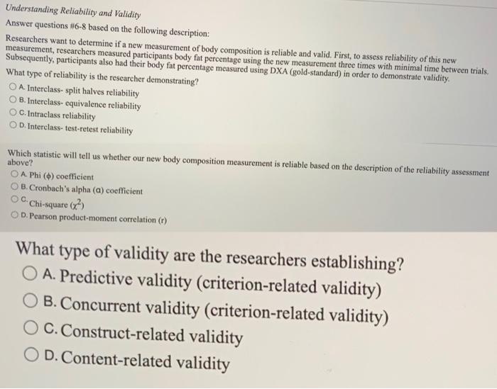 Solved Understanding Reliability and validity Answer | Chegg.com