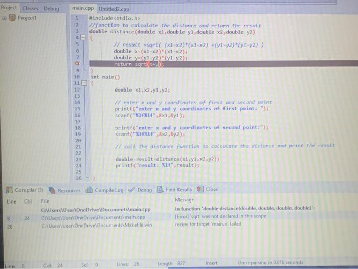 Solved 1 9 le Project Classes Debug main.cpp Untitled2.cpp | Chegg.com