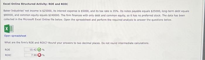 Solved Excel Online Structured Activity: ROE and ROIC Baker | Chegg.com