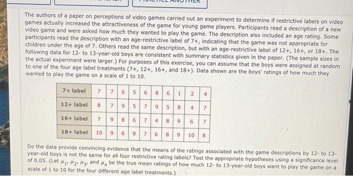 Solved The authors of a paper on perceptions of video games | Chegg.com