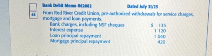Solved Bank Debit Memo ∥62002 Dated July 31/25 From Red | Chegg.com