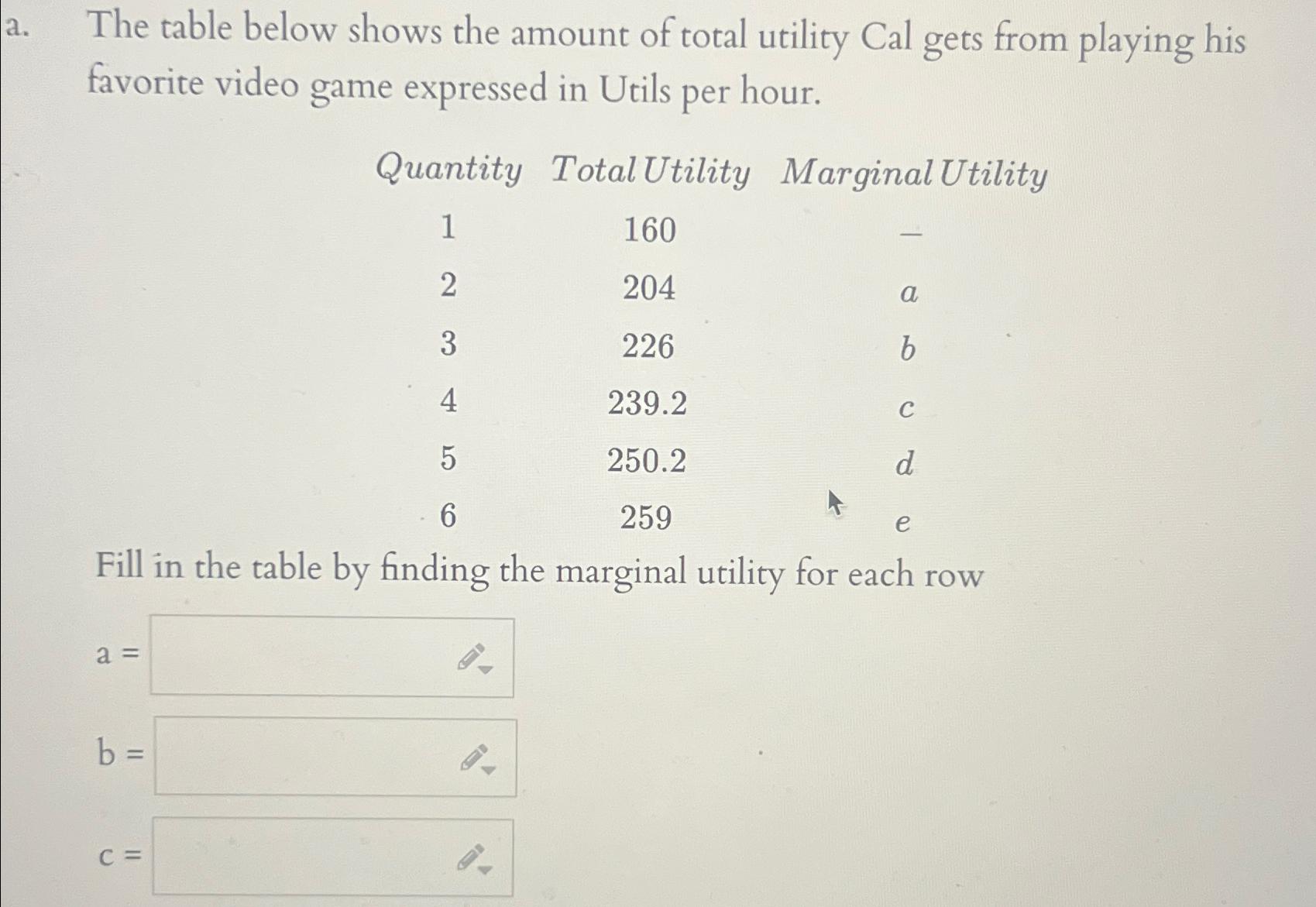Solved a. ﻿The table below shows the amount of total utility | Chegg.com