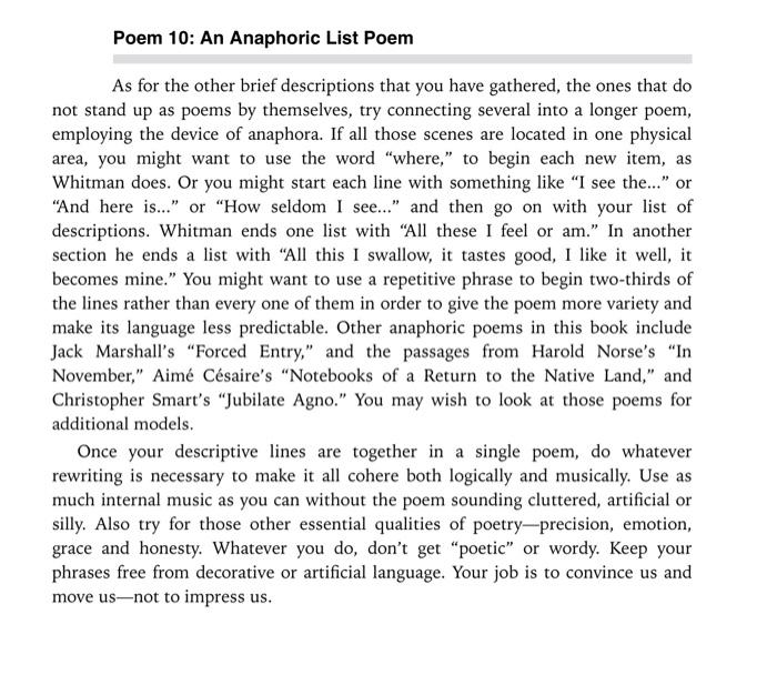 Poem 10: An Anaphoric List Poem As for the other | Chegg.com