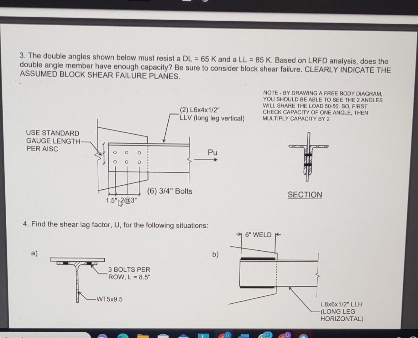 3. The double angles shown below must resist a DL=65 | Chegg.com
