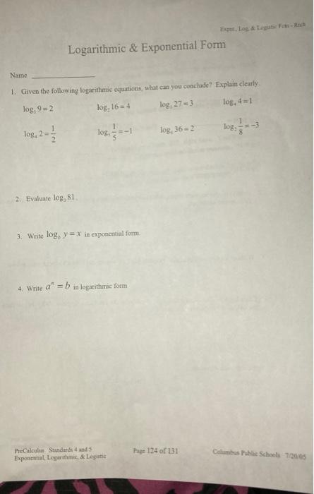 Solved Locatie Rech Logarithmic & Exponential Form Name 1. | Chegg.com