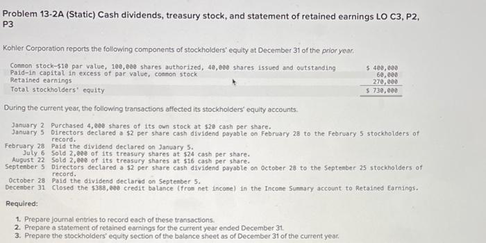 Solved Problem 13-2A (Static) Cash dividends, treasury | Chegg.com
