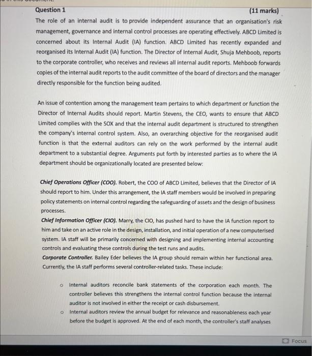 Solved Question 1 (11 marks) The role of an internal audit | Chegg.com