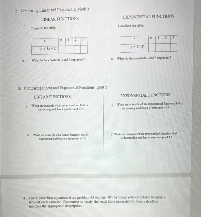 Solved LINEAR FUNCTIONS EXPONENTIAL FUNCTIONS Complete the | Chegg.com