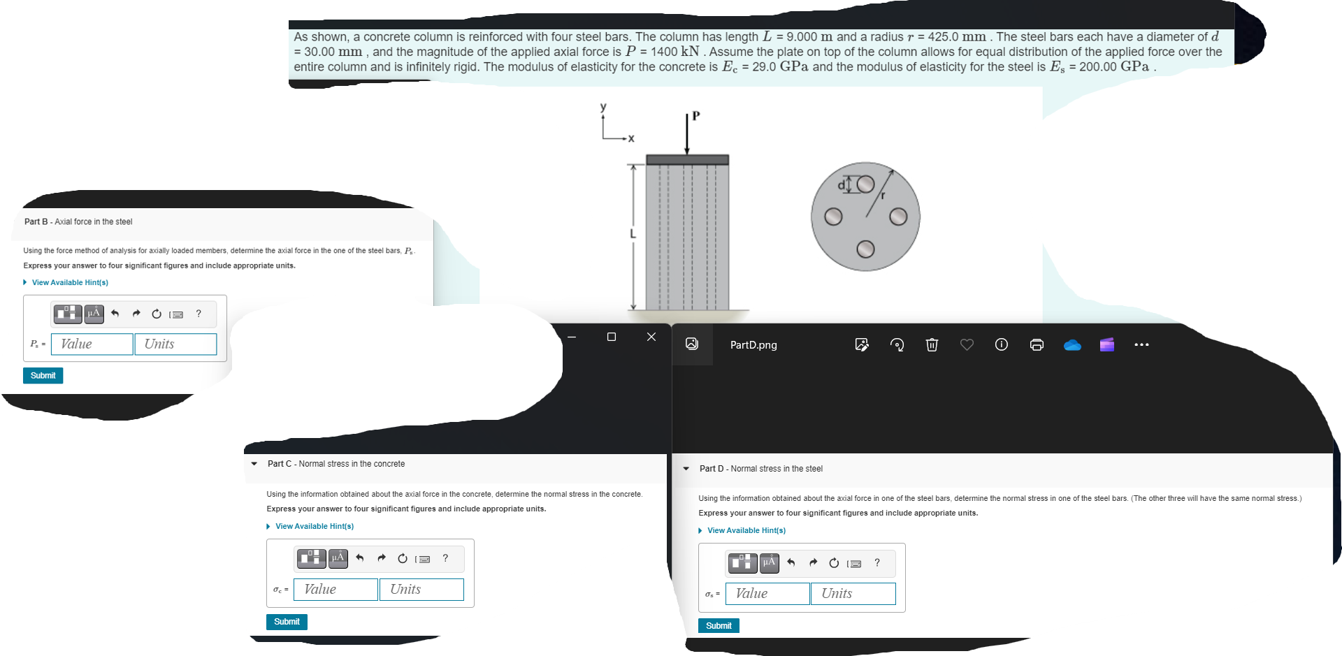 Solved Part B - Axial force in the steelUsing the force | Chegg.com Solved Part B - Axial force in the steelUsing the force | Chegg.com