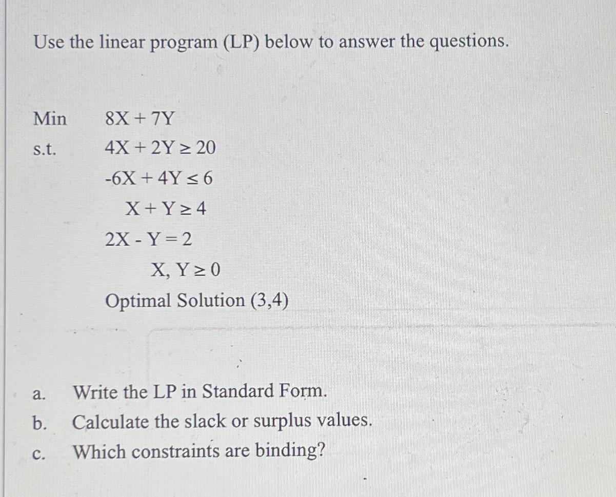 Solved Use the linear program (LP) ﻿below to answer the | Chegg.com