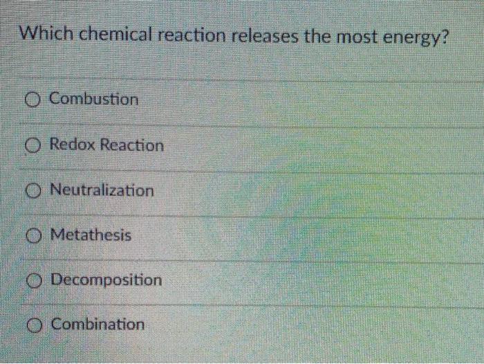 Solved Which chemical reaction releases the most energy? O | Chegg.com