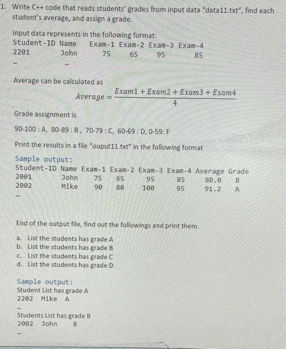 Solved 1. Write C++ code that reads students' grades from | Chegg.com