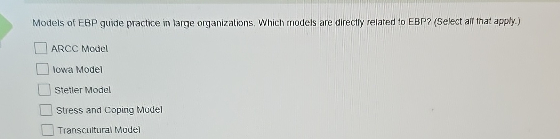 Solved Models of EBP guide practice in large organizations. | Chegg.com