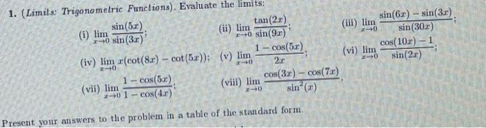 Solved 1 Limits Trigonometric Functions Evaluate The