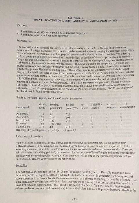 Solved Experiment 3 IDENTIFICATION OF A SUBSTANCE BY | Chegg.com