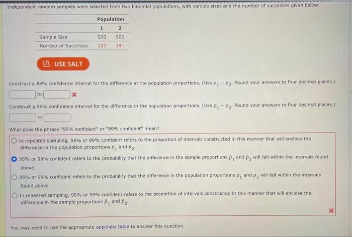 Solved Construct a 95\% confidence interval for the | Chegg.com