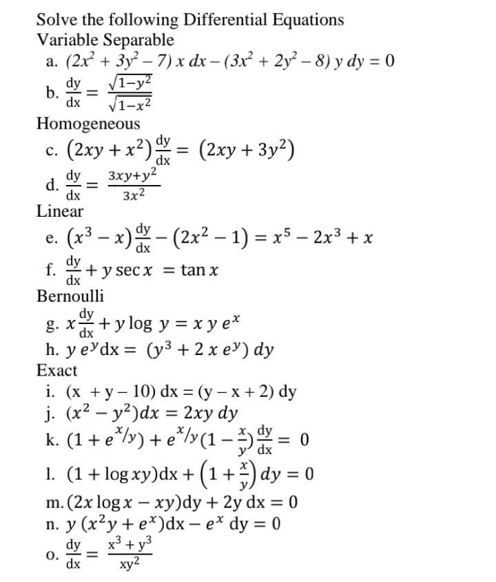 Solved Solve the following Differential Equations Variable | Chegg.com