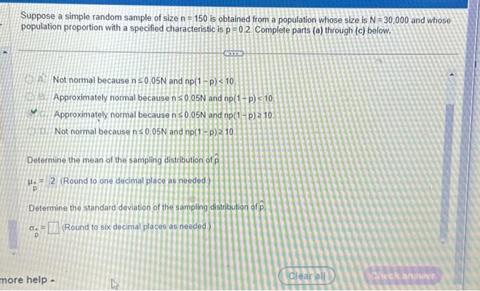 Solved Suppose a simple random sample of size n=150 is | Chegg.com