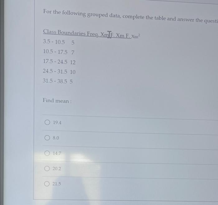 Solved For the following grouped data, complete the table | Chegg.com