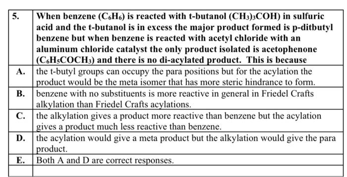 Solved 5. When benzene (C.He) is reacted with t-butanol | Chegg.com