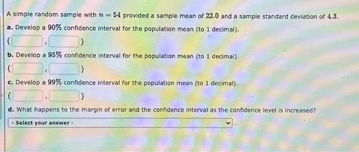 Solved A simple random sample with n=54 provided a sample | Chegg.com