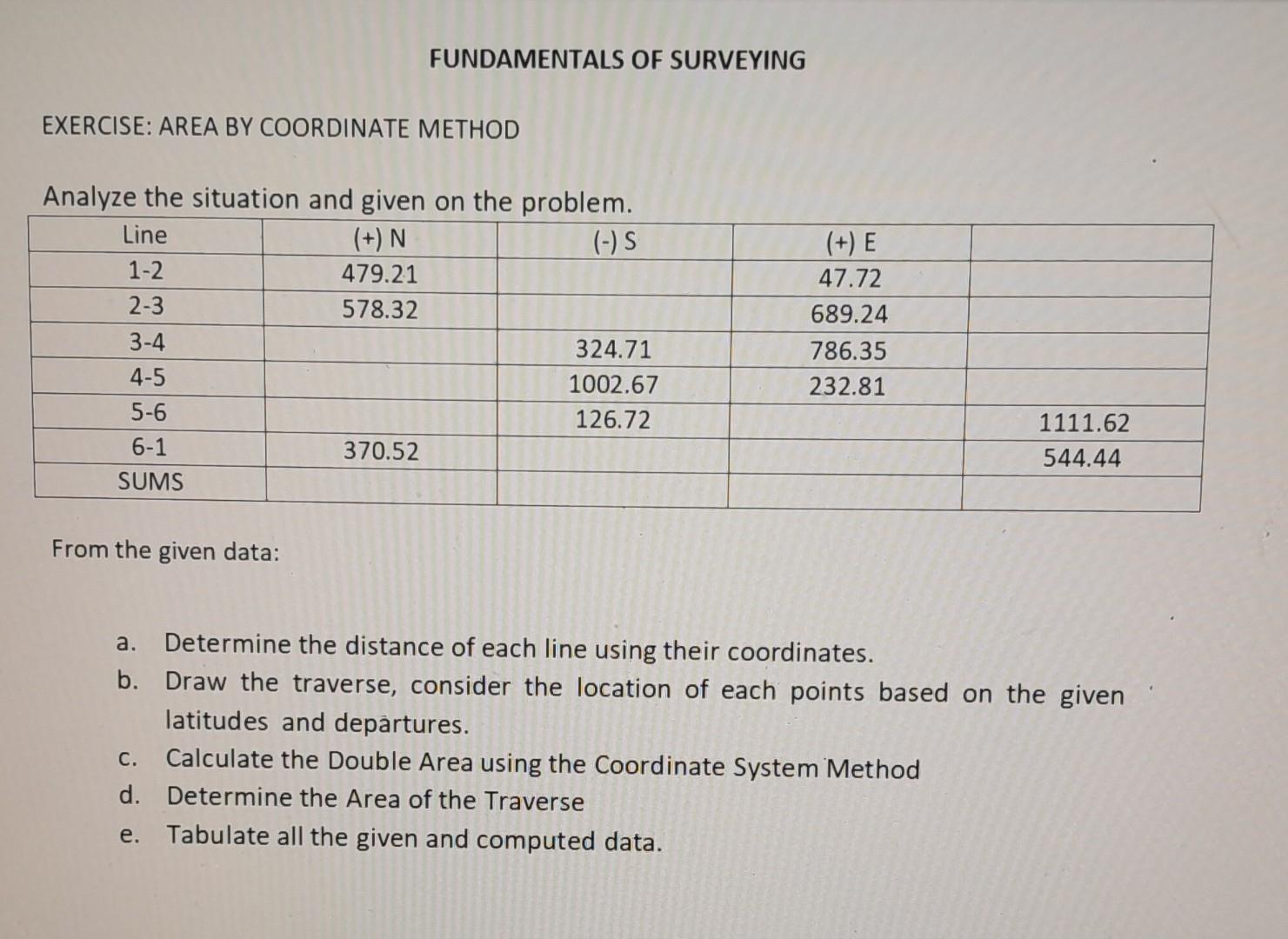FUNDAMENTALS OF SURVEYING EXERCISE: AREA BY | Chegg.com