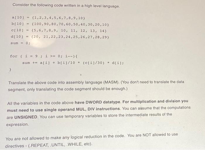 Solved Consider the following code written in a high level | Chegg.com
