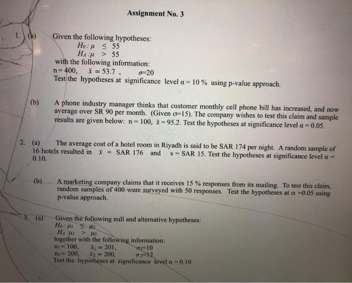 Solved Assignment No. 3 1.) Given the following hypotheses: | Chegg.com