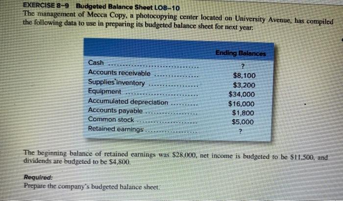 Solved EXERCISE 8-9 Budgeted Balance Sheet L08-10 The | Chegg.com