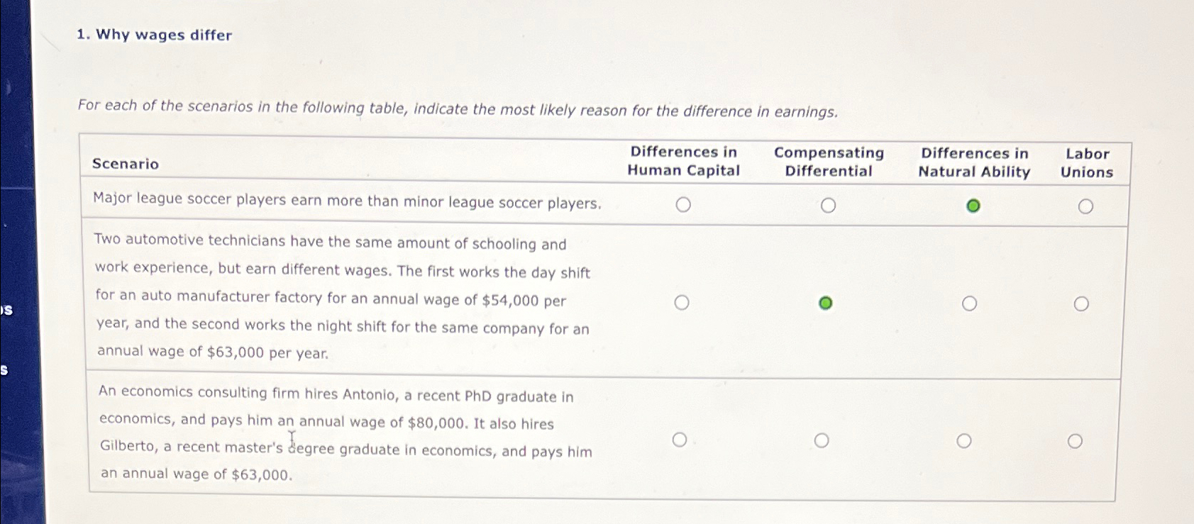 Solved Why wages differFor each of the scenarios in the | Chegg.com